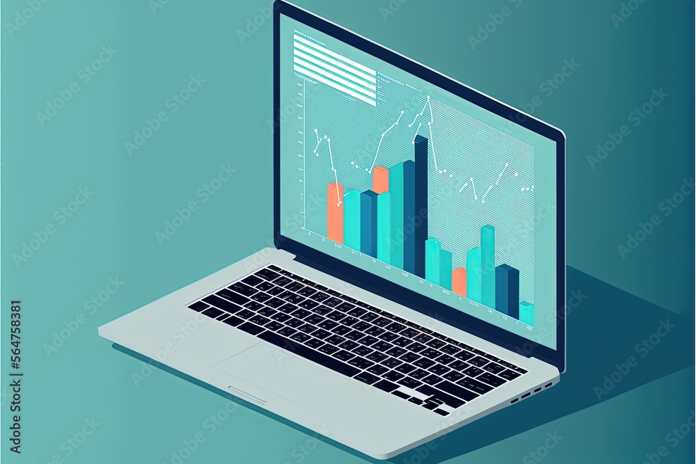 Chart illustration on laptop screen, blue background. Generative AI ...