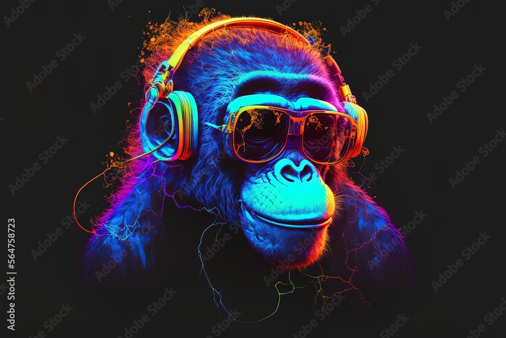 with a neon party monkey wearing headphones and sunglasses, not based ...