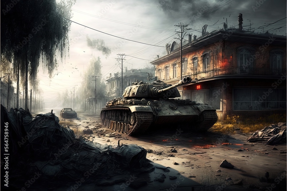 War scene with war tank and destroyed city in the background ...
