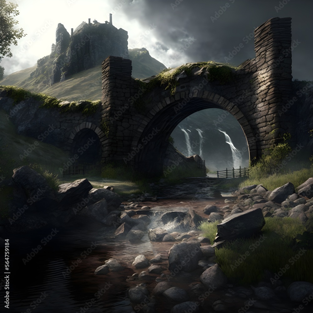 old stone road with folliage waterfall near the ruines old big castle ...