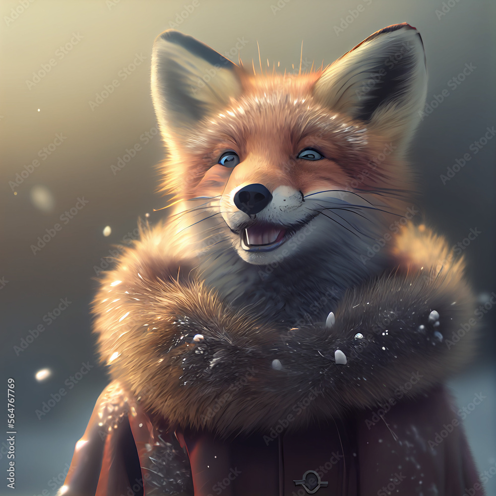 Happy cute baby fox wearing coat, deep portrait, 3d illustration . Pic ...