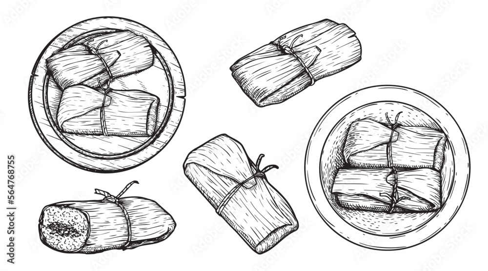 Hand drawn sketch style tamales set. Single and group. Traditional ...