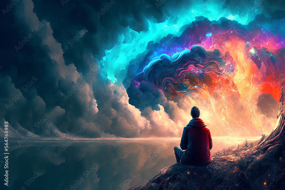 Person sitting on cliff overlooking the ocean daydreaming. Generative ...