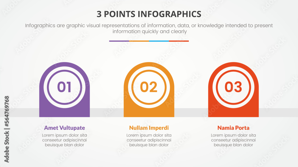3 points or stages infographic concept with right direction half circle ...