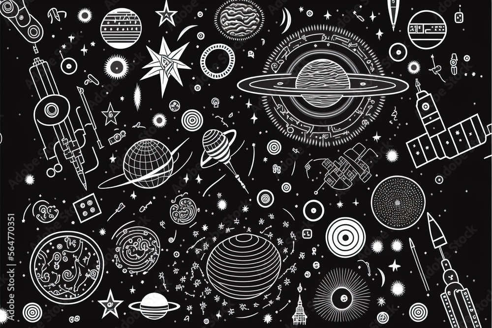 Retro line work of a beautiful outer space iconography pattern with ...