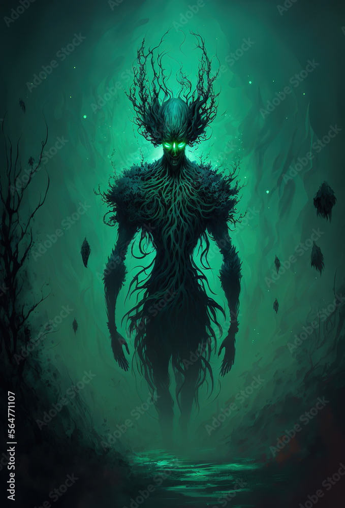 a demonic creature standing in front of a green background, concept art ...