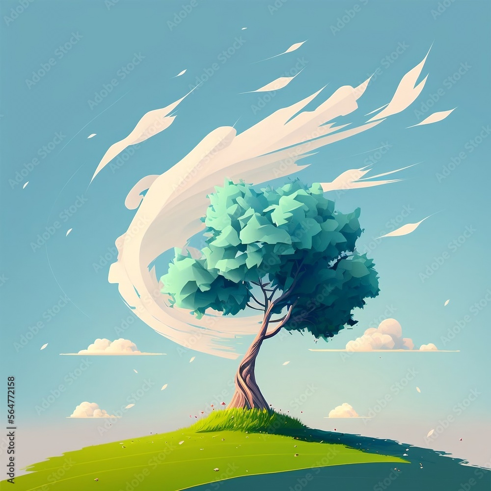 Cartoon landscape with tree in the windy weather Stock Illustration ...
