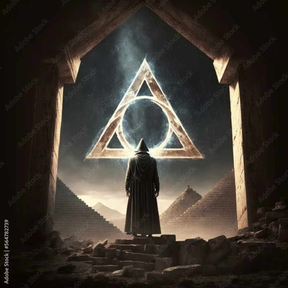 ภาพประกอบสต็อก Man observing Masonic symbols reflecting in the night ...