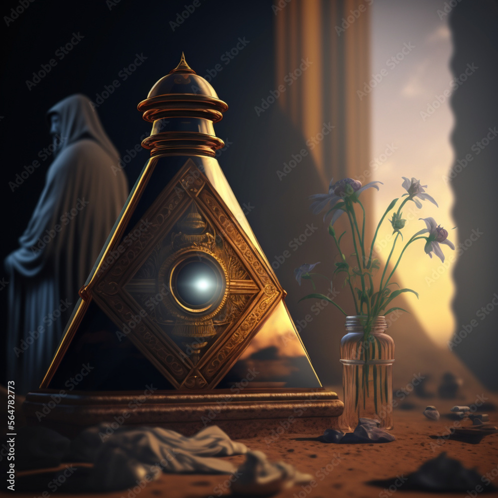 Pyramid-shaped lamp illuminating a temple in Egypt, amid Egyptian ...