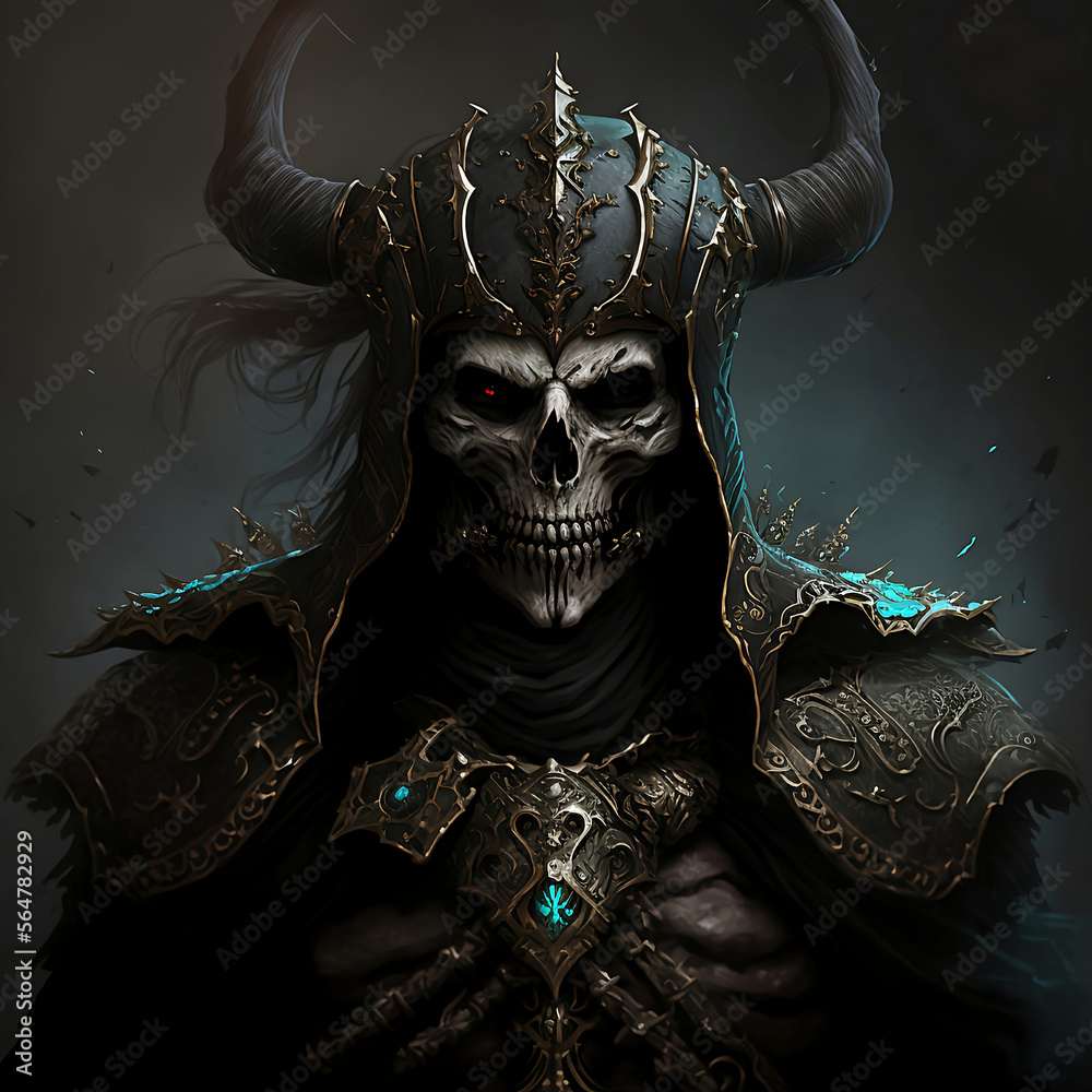An warrior viking evil lich, wearing golden armor, bloodthirsty gaze ...