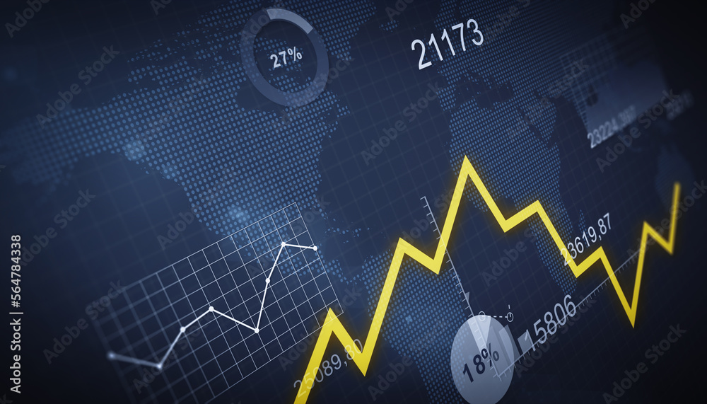 Yellow line graph and different charts and graphs on the background of ...