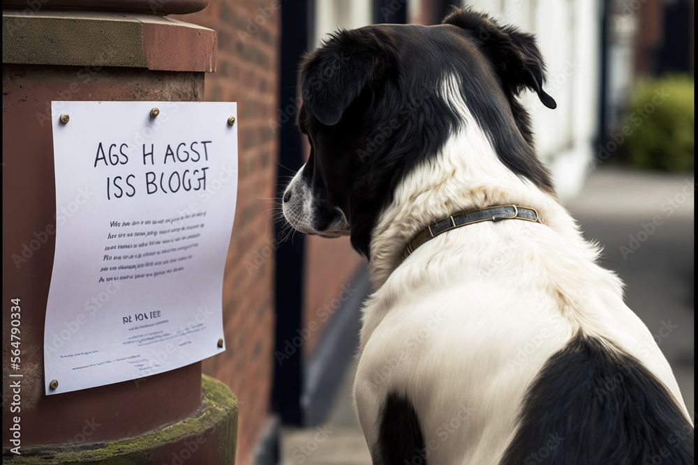 Back view of a dog posting a lost man notice, concept of animal ...