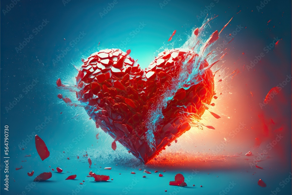 Exploding heart made of ice red background, created with Generative AI ...