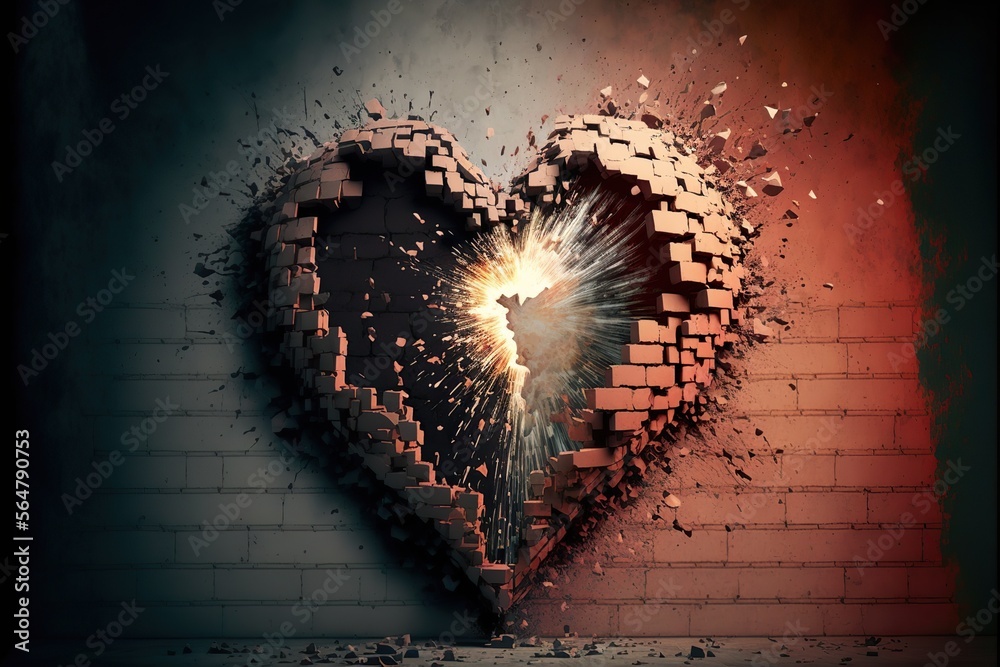 Exploding heart shaped brick wall, created with Generative AI ...