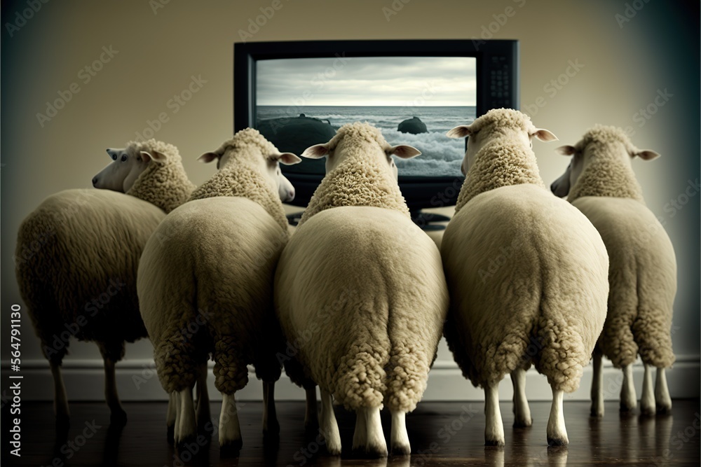 Rear view of a herd of sheep watching the news on tv, concept of ...