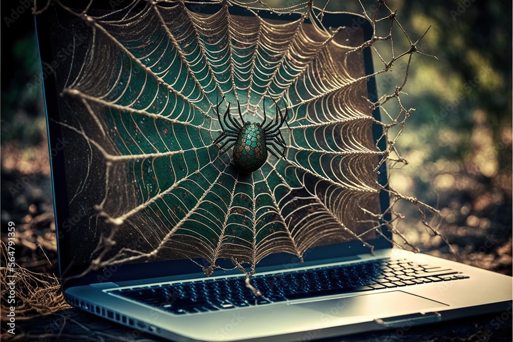 Spider works behind a laptop in the center of the web, concept of world ...