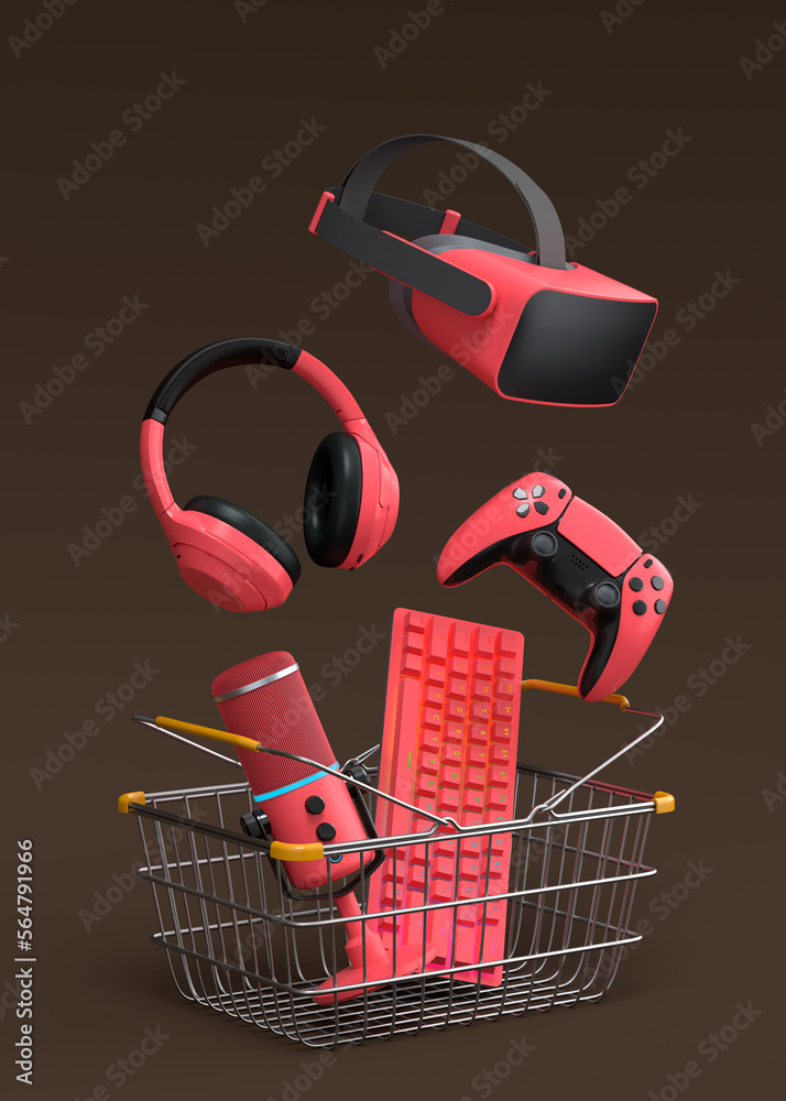 Flying gamer gears like mouse, keyboard, joystick, headset, VR on dark ...