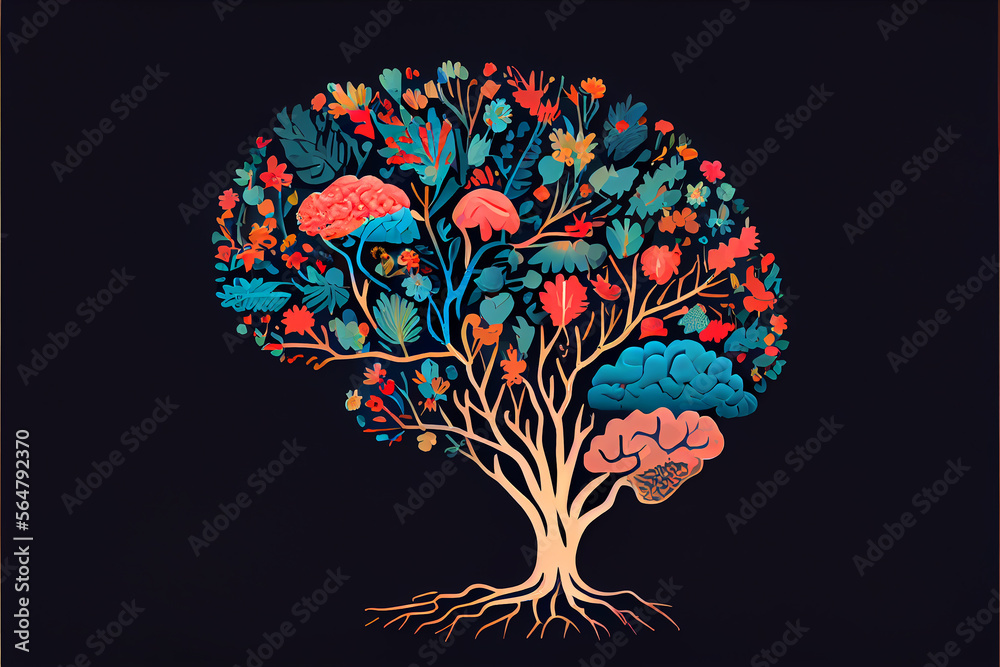 Human brain tree with flowers, self care and mental health concept ...