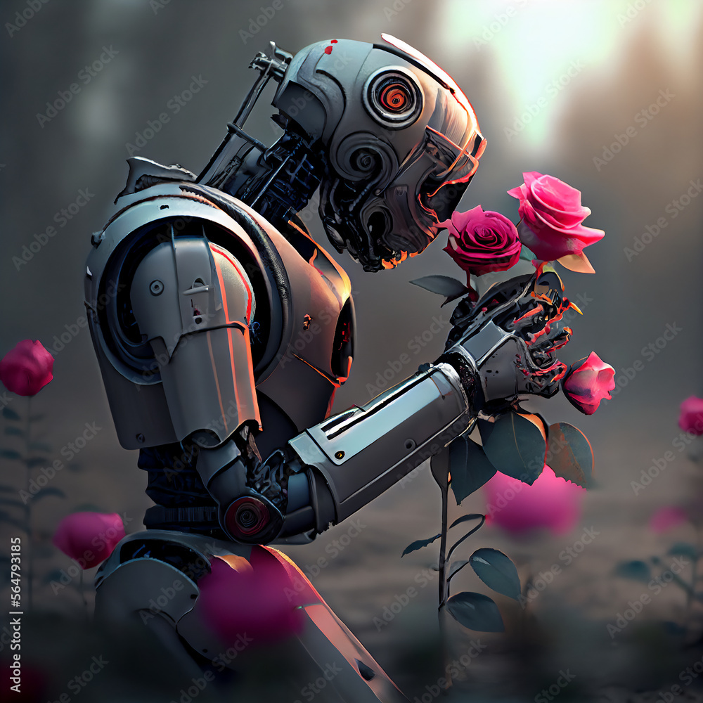 The artificial intelligence humanoid leans over to smell the roses ...