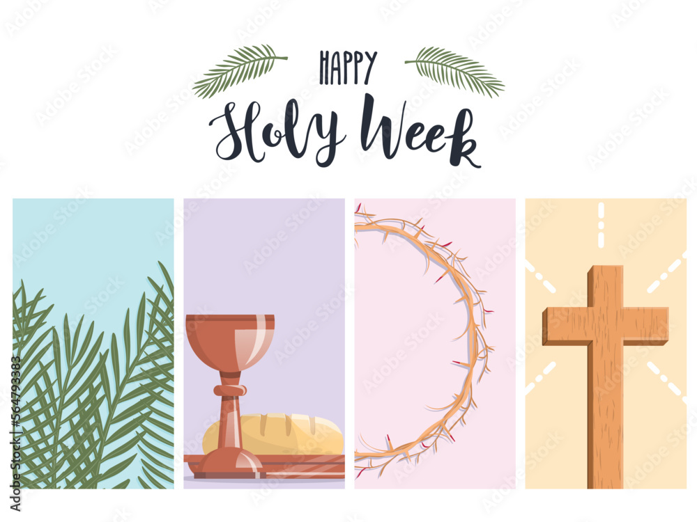 Holy Week banner with palm branches, the last supper, crown of thorns ...