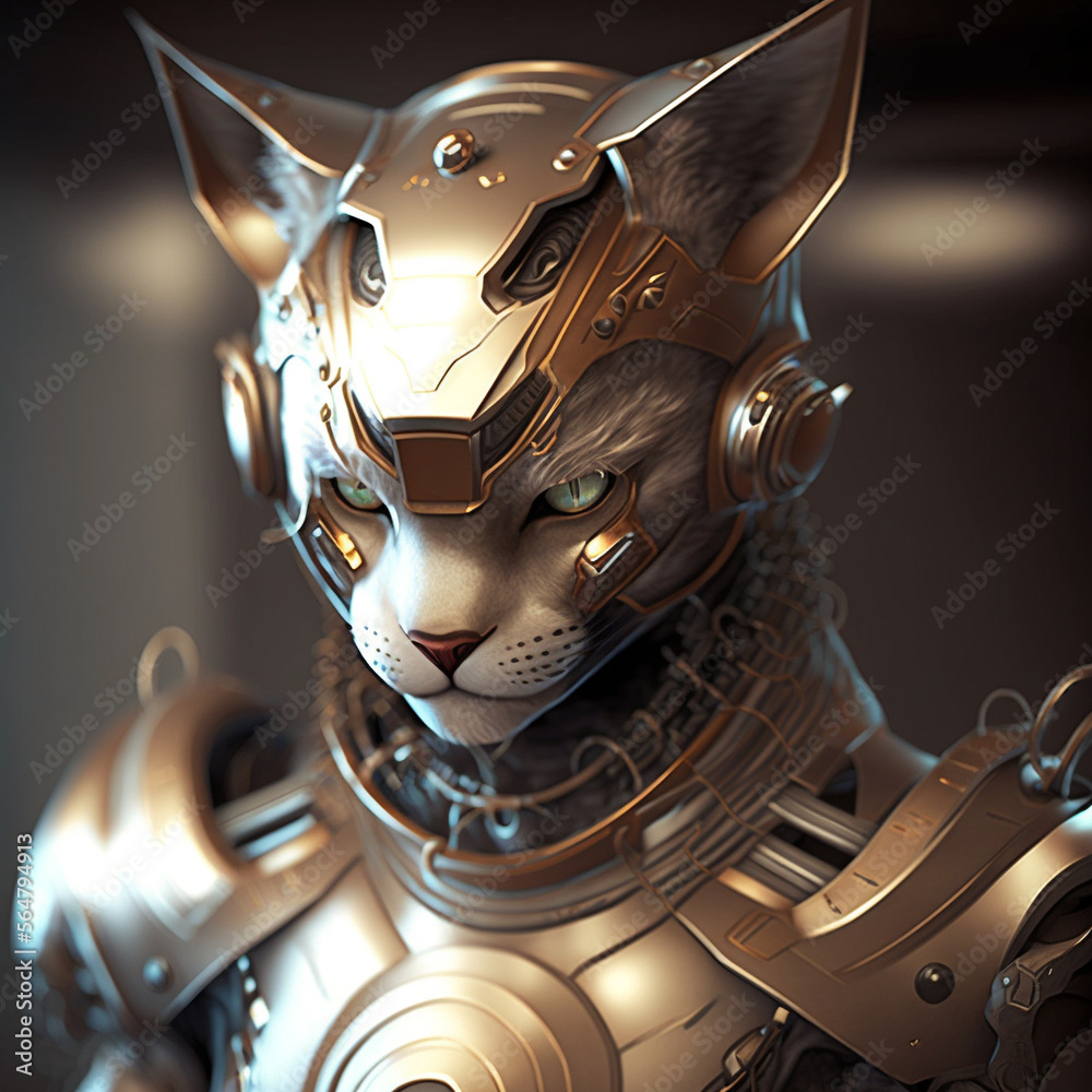 Portrait of a futuristic humanoid cat in heroic battle gear, generative ...