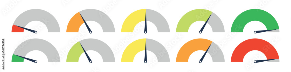 Set of different meter gauge element. Green and red, low and high ...