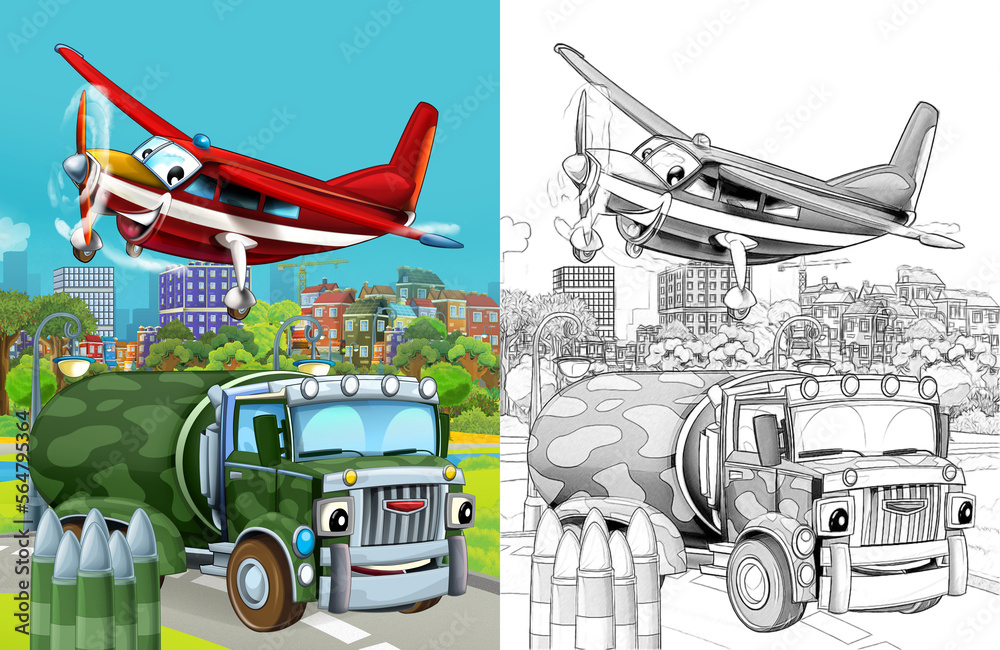 cartoon scene with military army different duty vehicles on the road ...