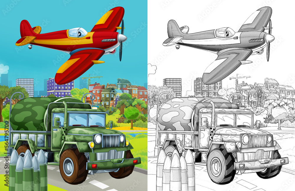 cartoon scene with military army different duty vehicles on the road ...