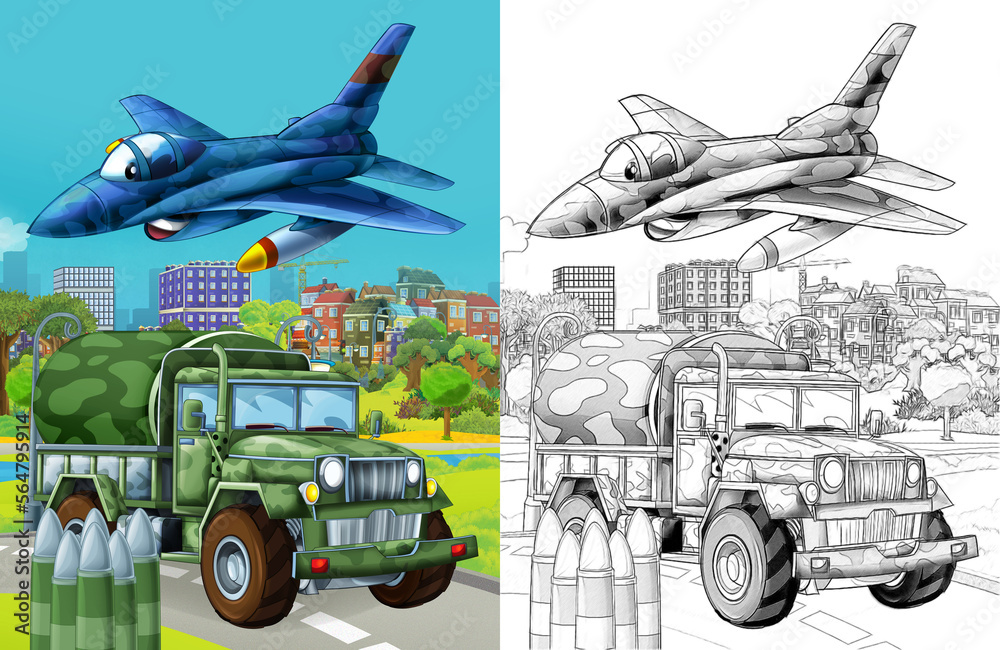 cartoon scene with military army different duty vehicles on the road ...