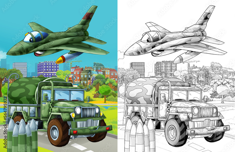cartoon scene with military army different duty vehicles on the road ...