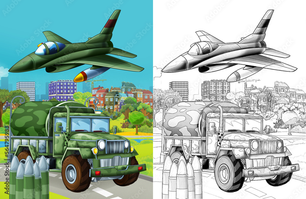 cartoon scene with military army different duty vehicles on the road ...