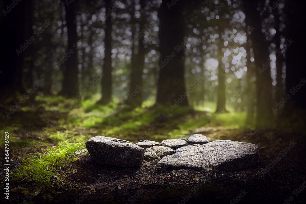 Gray flat stone in the green forest illustration, empty realistic ...