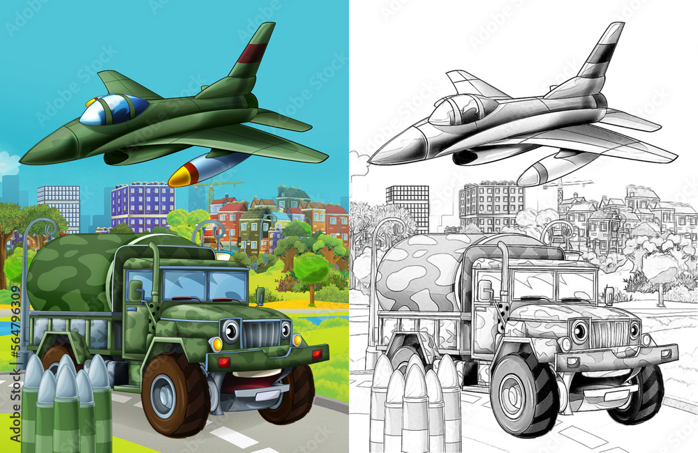 cartoon scene with military army different duty vehicles on the road ...
