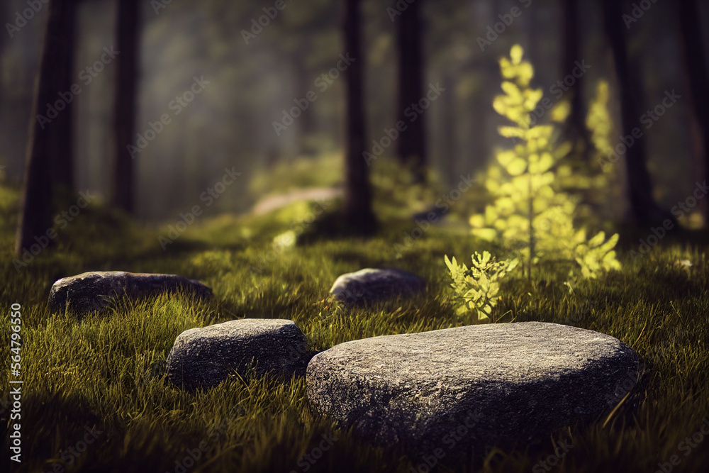 Gray flat stone in the green forest illustration, empty realistic ...