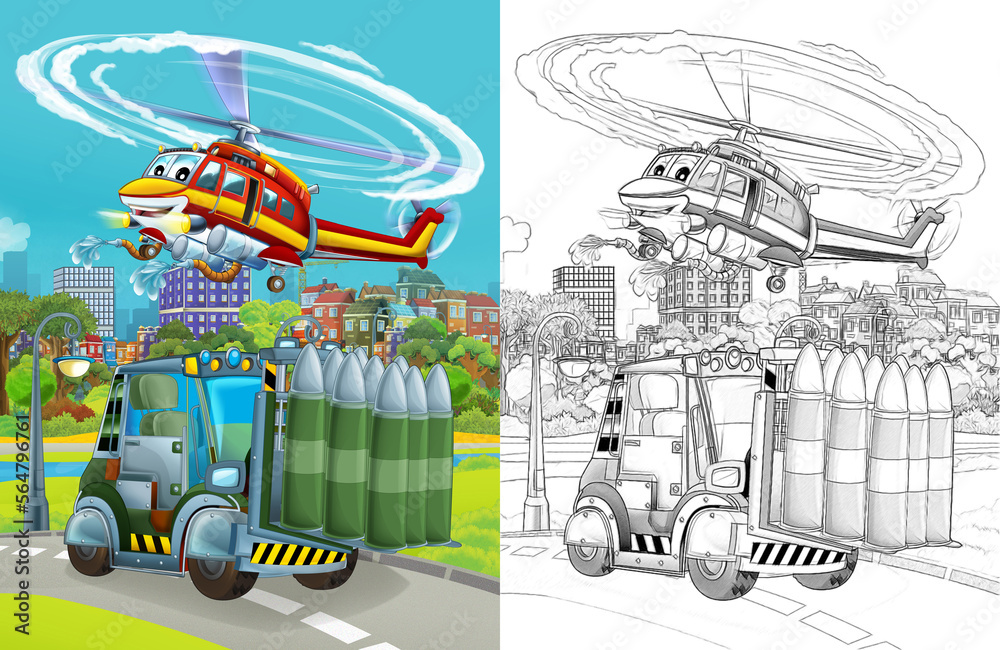 cartoon scene with military army different duty vehicles on the road ...