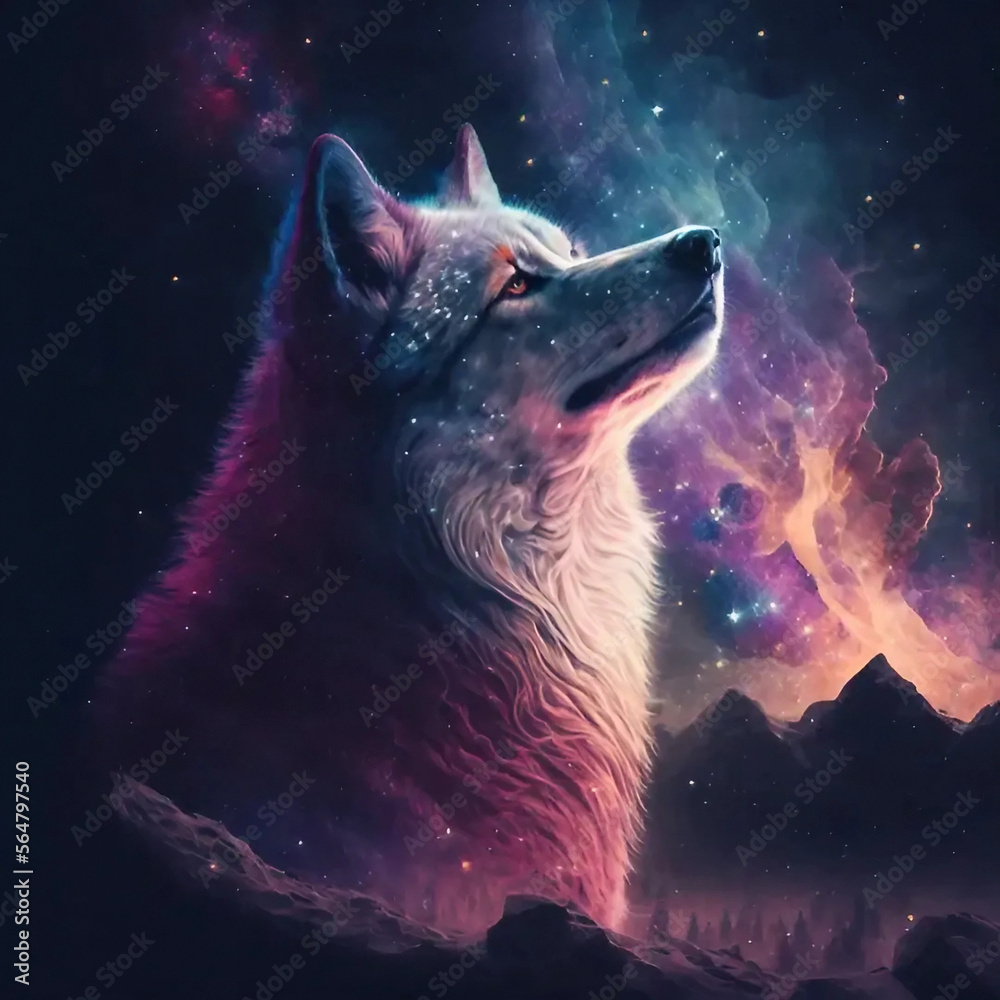 Wolf Under the Starry Sky - Illustration - Desktop background Stock ...