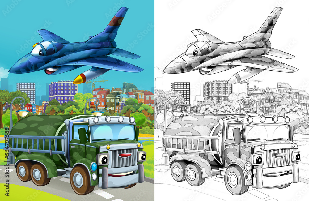 cartoon scene with military army different duty vehicles on the road ...