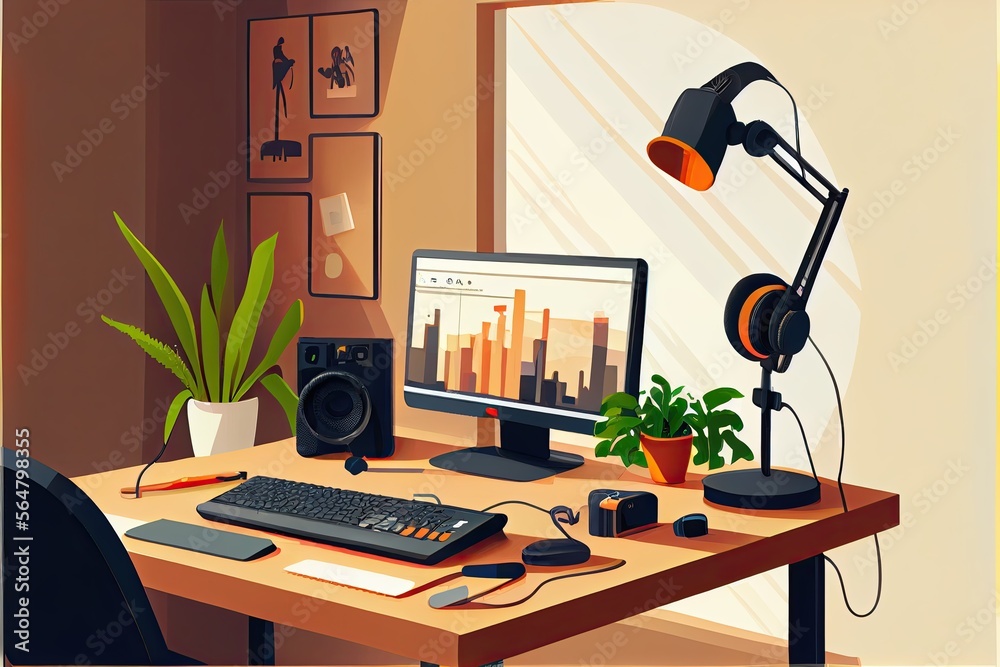 Cozy workplace of content creator with microphone and laptop, musician ...