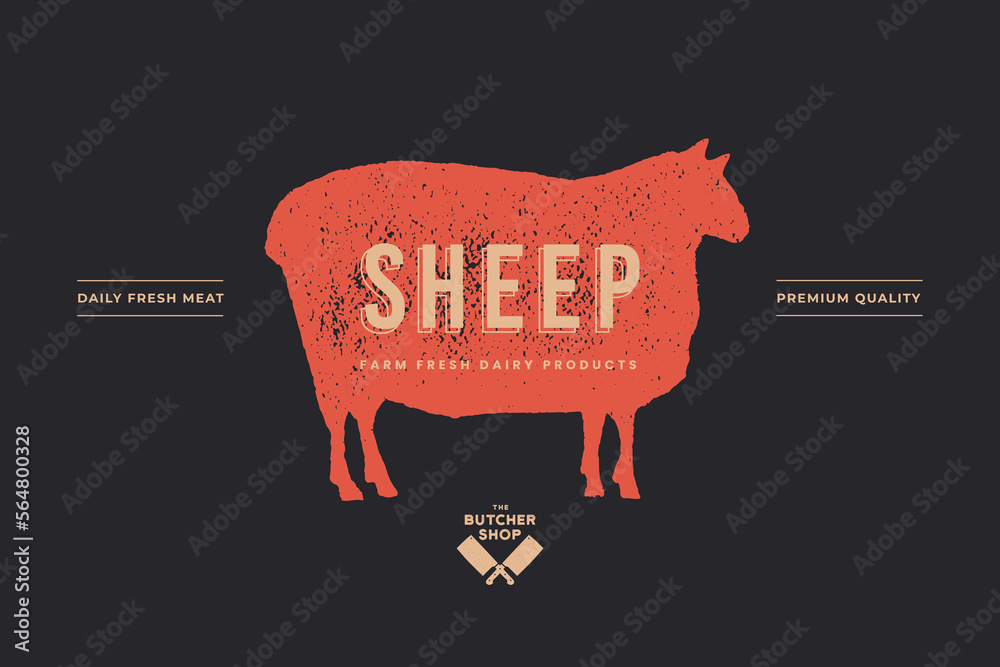 Emblem with red silhouette of sheep. Logo template with livestock in ...