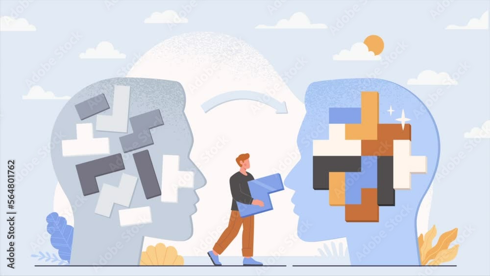 Logical thinking video concept. Moving man puts puzzle pieces together ...