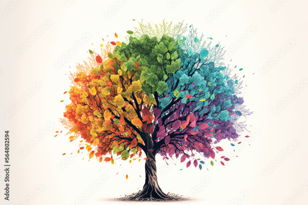 Illustration d'un arbre multicolore, symbole des mélanges des formes et ...