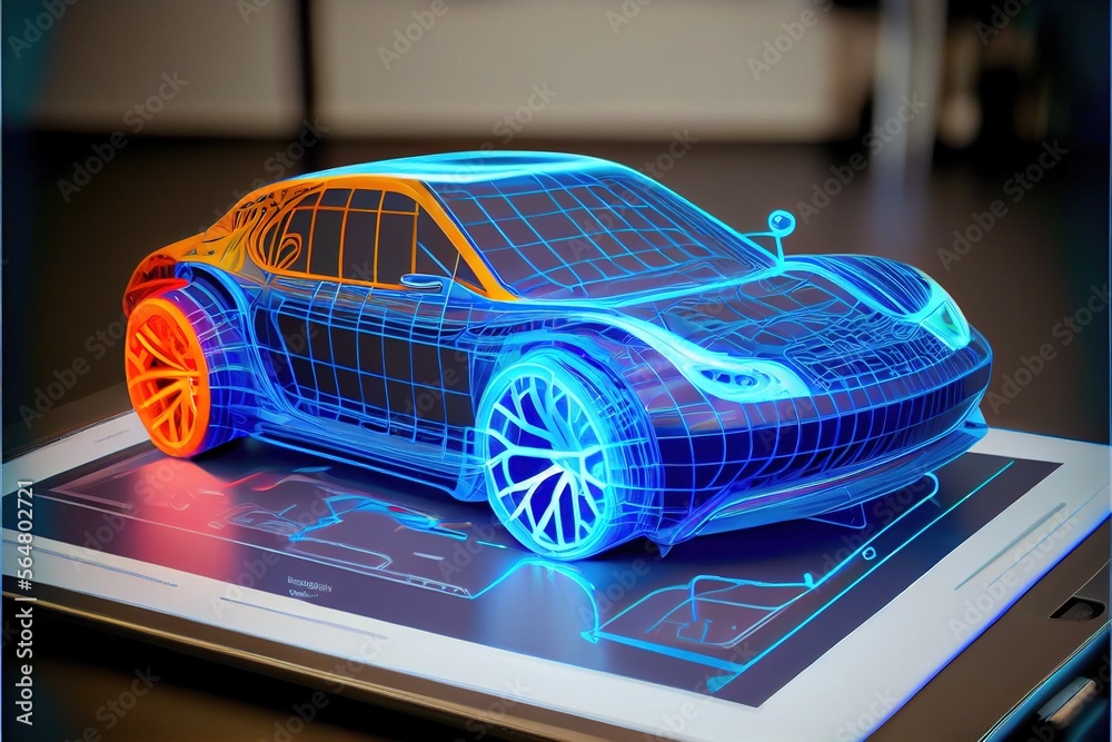 Model of a new modern car on a tablet. Hologram 3D car model on a ...