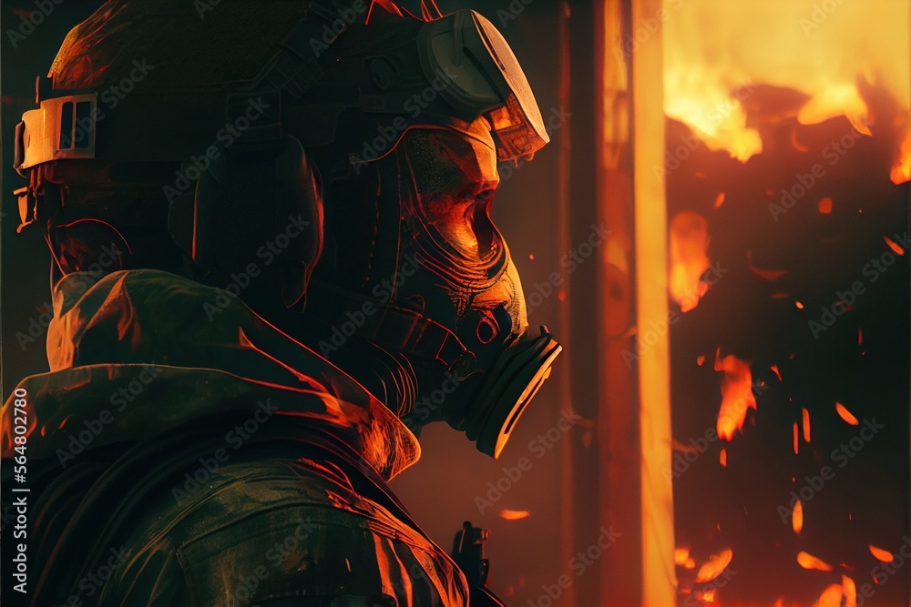 Military soldier looks at the fire. Special forces soldier in the ...