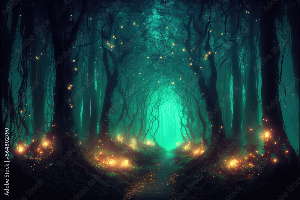 Gloomy fantasy forest scene at night with glowing lights Generative AI Stock Illustration ...