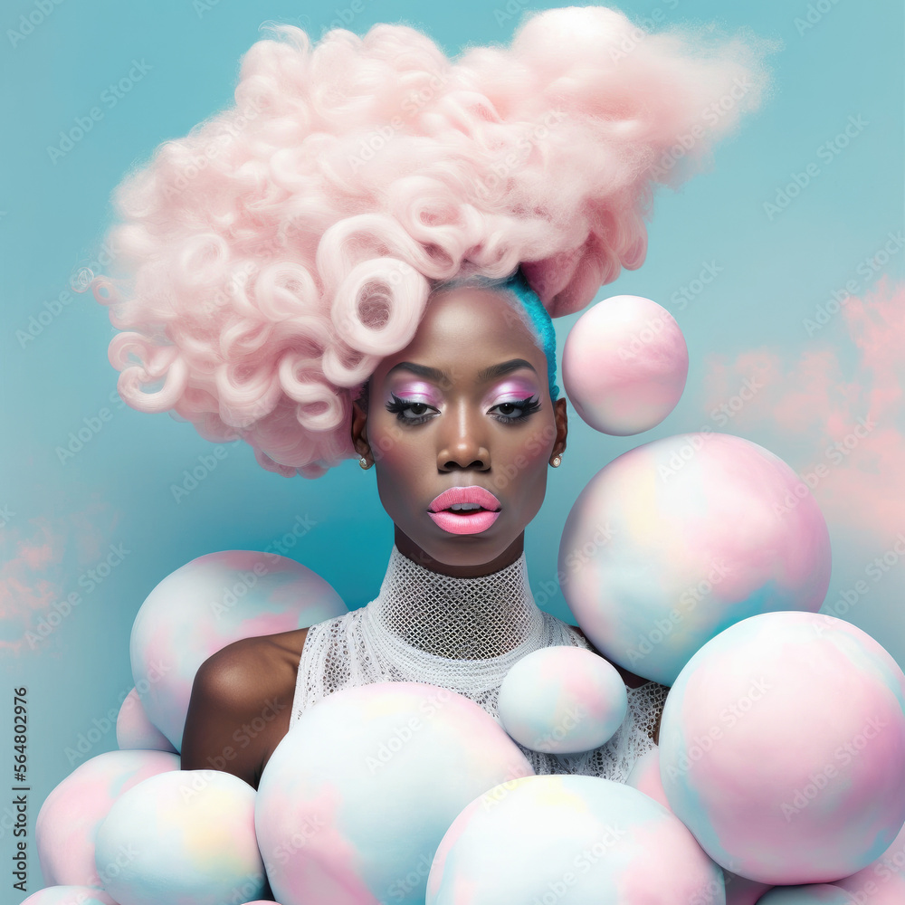 Black androgynous LGBTQ model drag queen with pastel pink wig and blue ...