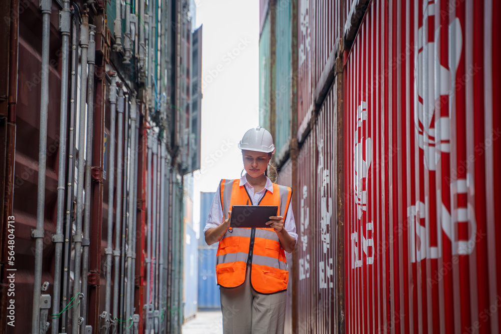 Container operator inspection containers box from cargo ship for export ...