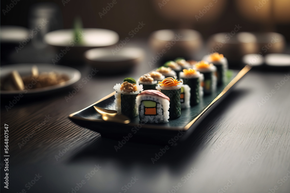 Sushi Japanese dish of prepared with rice, raw fish, nori sheet and ...
