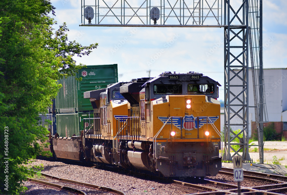 A Union Pacific Railroad freight train destined for Chicago clearing a ...
