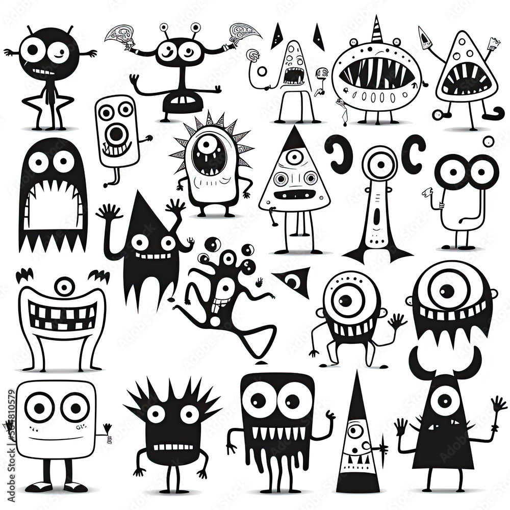 set of black and white doodle creatures and monsters illustration ...