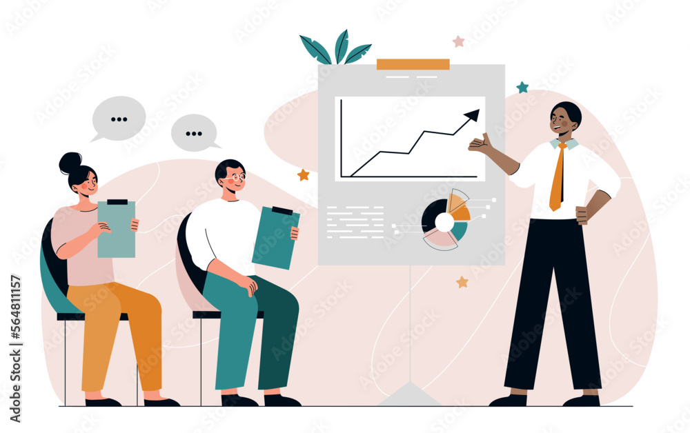 Man shows graph. Character leads presentation, public speaking. Working ...